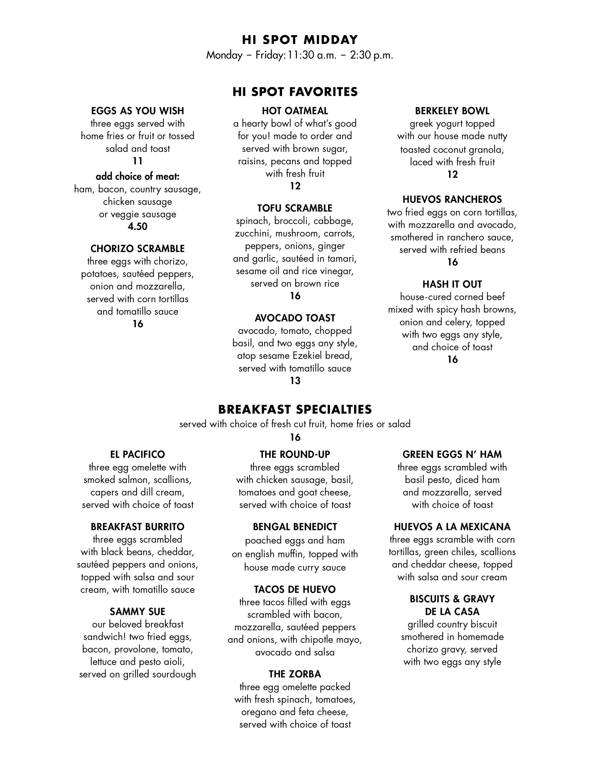 MIDDAY MENU : Hi Spot Cafe